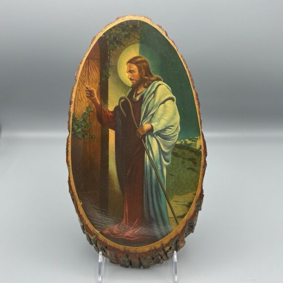 Source Unknown | Art | Vtg Jesus Wall Hanging Wood Slice Decoupage ...